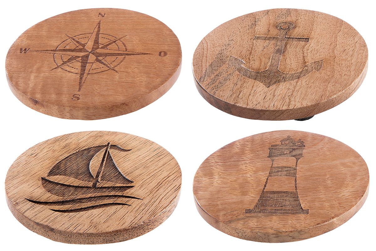 8tlg. Handgefertigte Maritim-Untersetzer aus Mangoholz mit Anker-, Sch